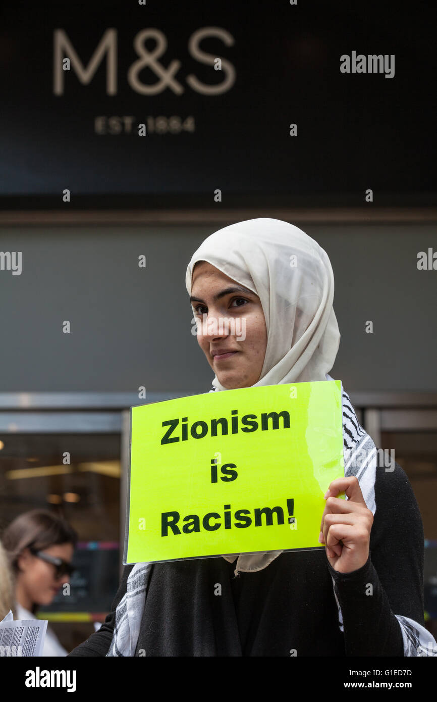 London, UK. 14th May, 2016. A BDS campaigner during a rolling picket ...