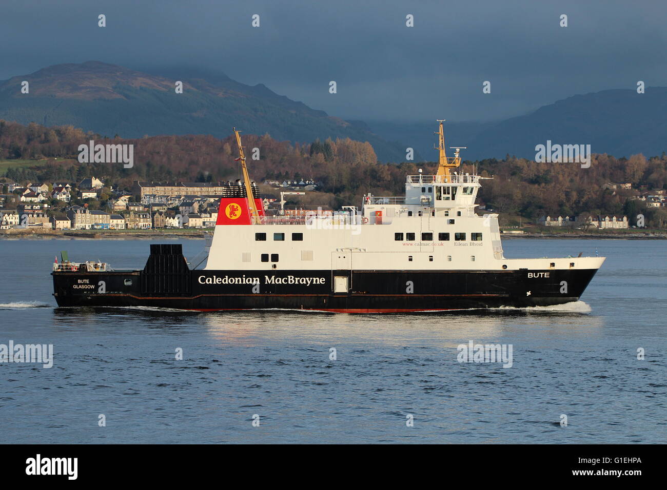 MV Bute, a car ferry operated by Caledonian MacBrayne (CalMac), passing ...