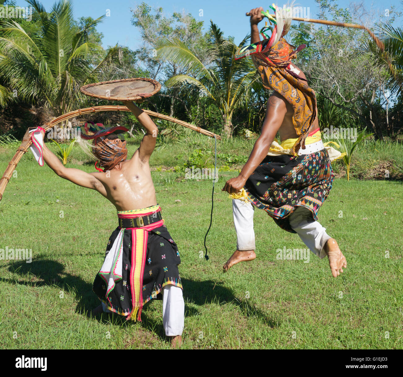 Two tribal dancers performing warrior battle in costume with ...