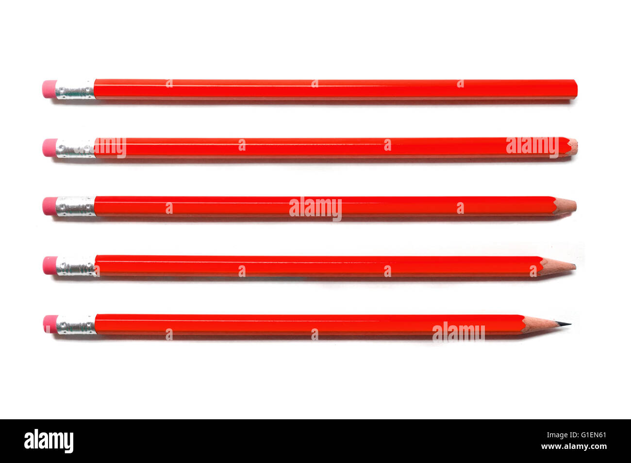 A line of red pencils photographed against a white background Stock ...