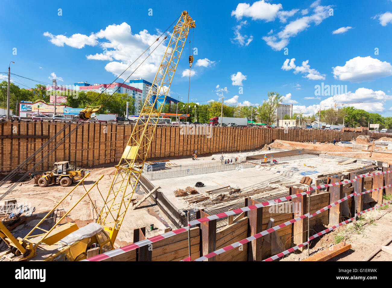 Construction works on the construction of new highway in summer sunny ...
