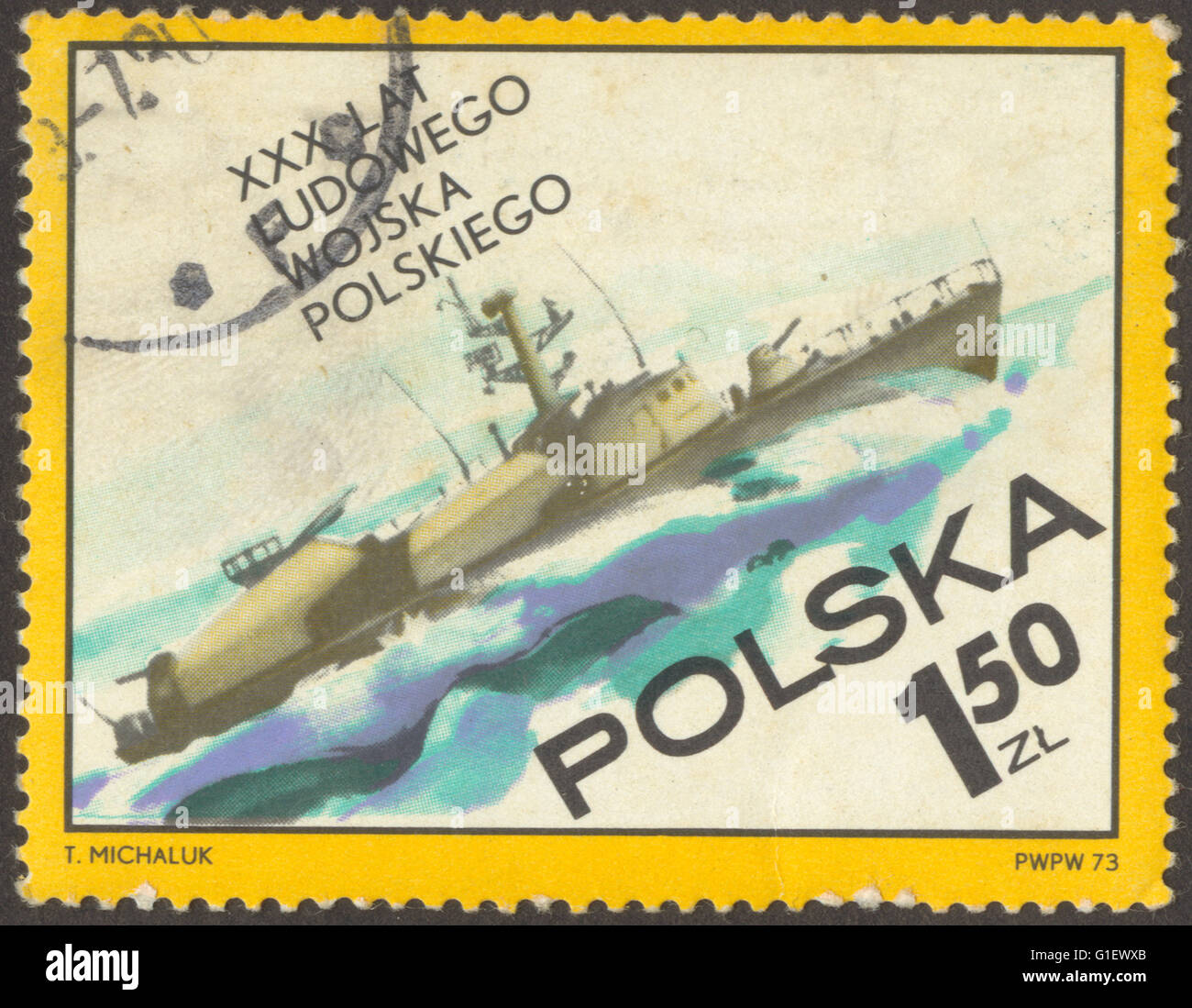 The Polish mark. The military ship floats on water Stock Photo - Alamy