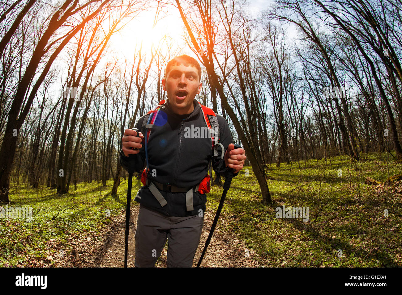 Male hiker looking to the side walking in forest Stock Photo - Alamy
