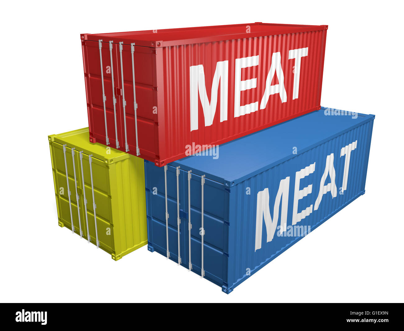 Shipping import and export containers labeled for meat, 3D rendering ...