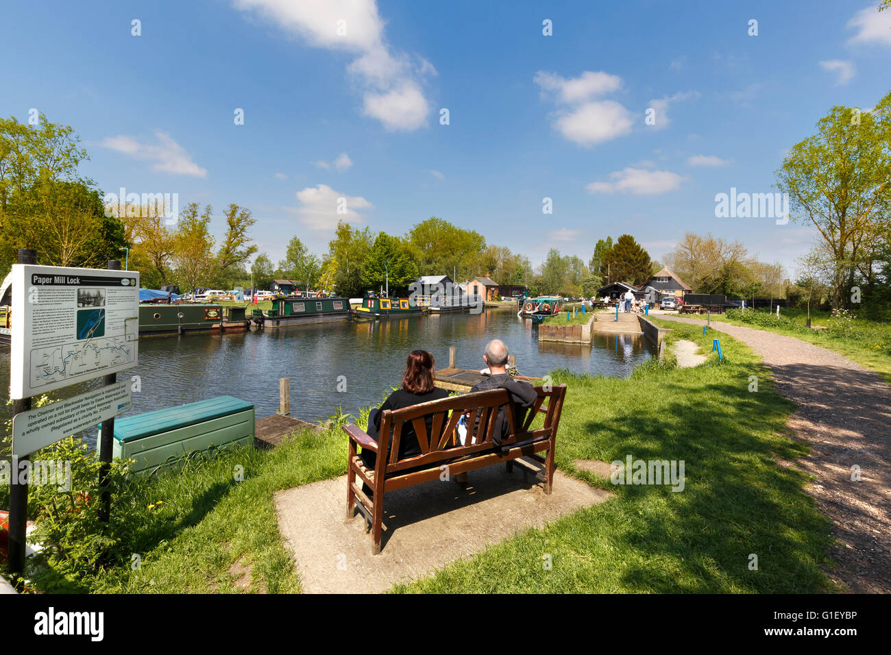 Canalside little baddow bench seating sign paper mill lock hi-res stock ...