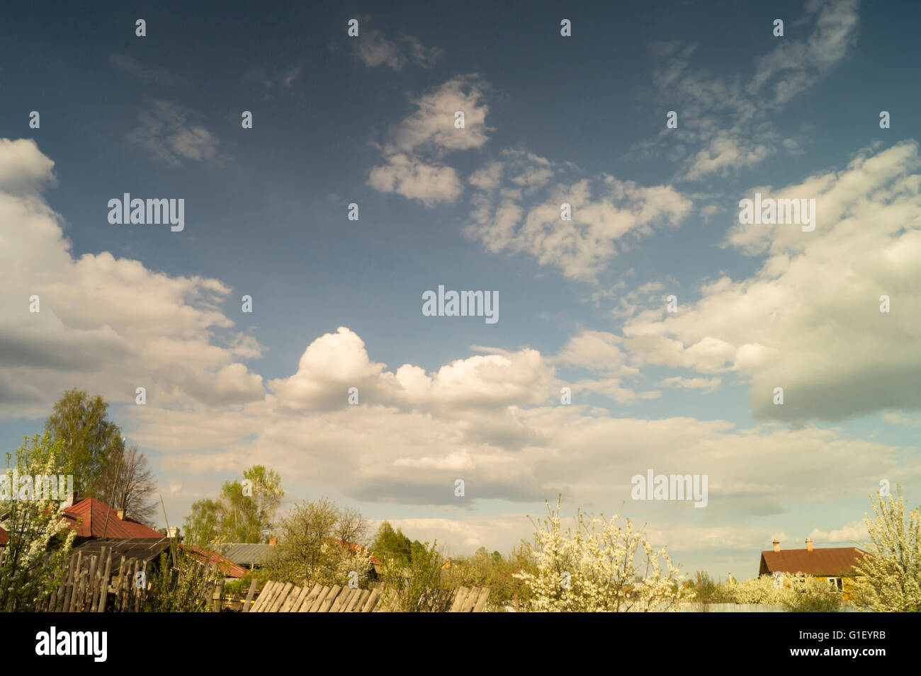 Spring landscape with beautiful sky and flowering garden in rural ...