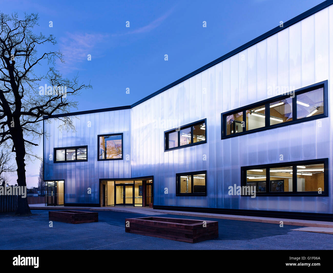 Dusk exterior of main elevation and framed views of interior. Graveney ...