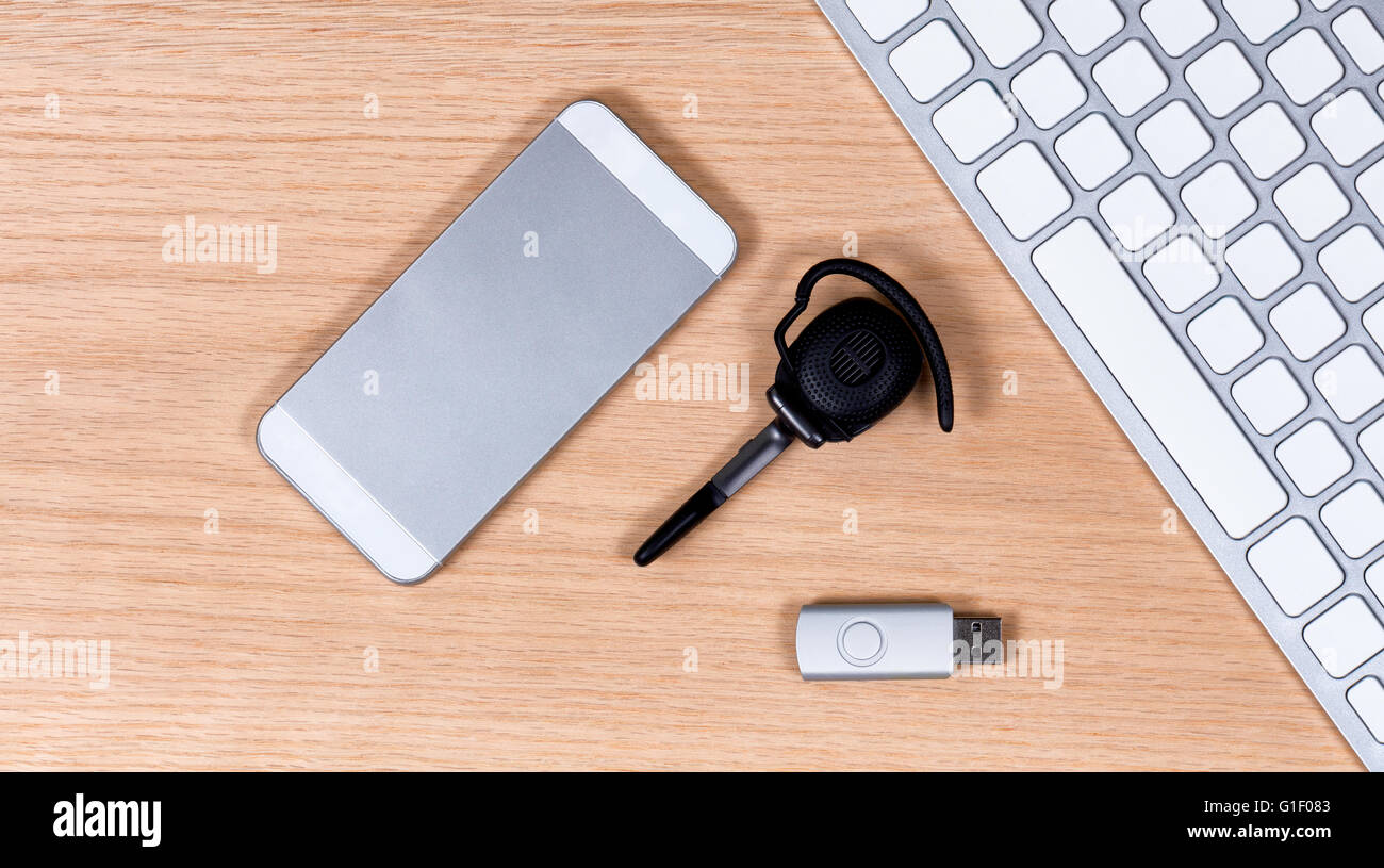 Overhead view of communication and data storage devices with computer ...