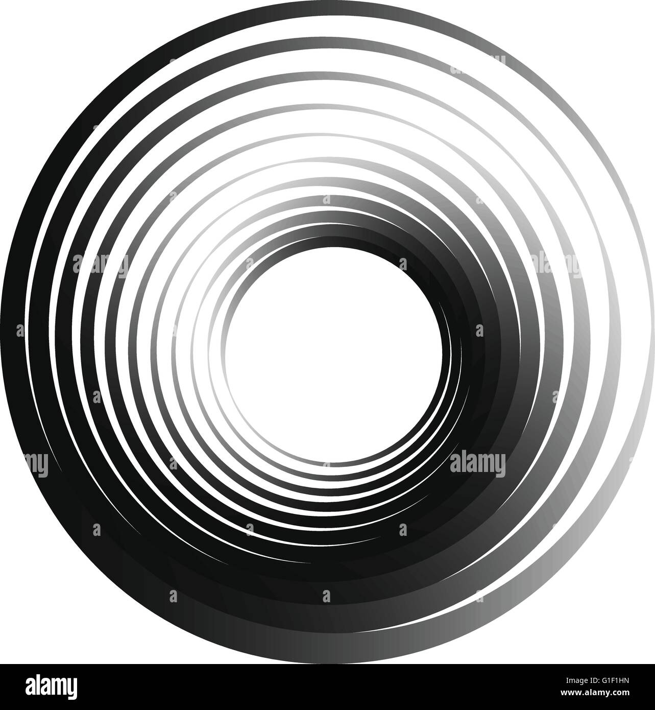 Concentric circles. Radiating, radial circles monochrome abstract element. Rotating, spiral ...