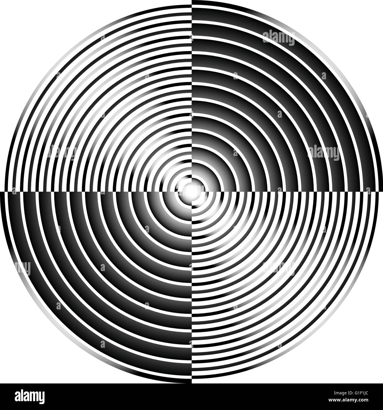 Abstract radial, concentric circles, rings. Monochrome visual element ...