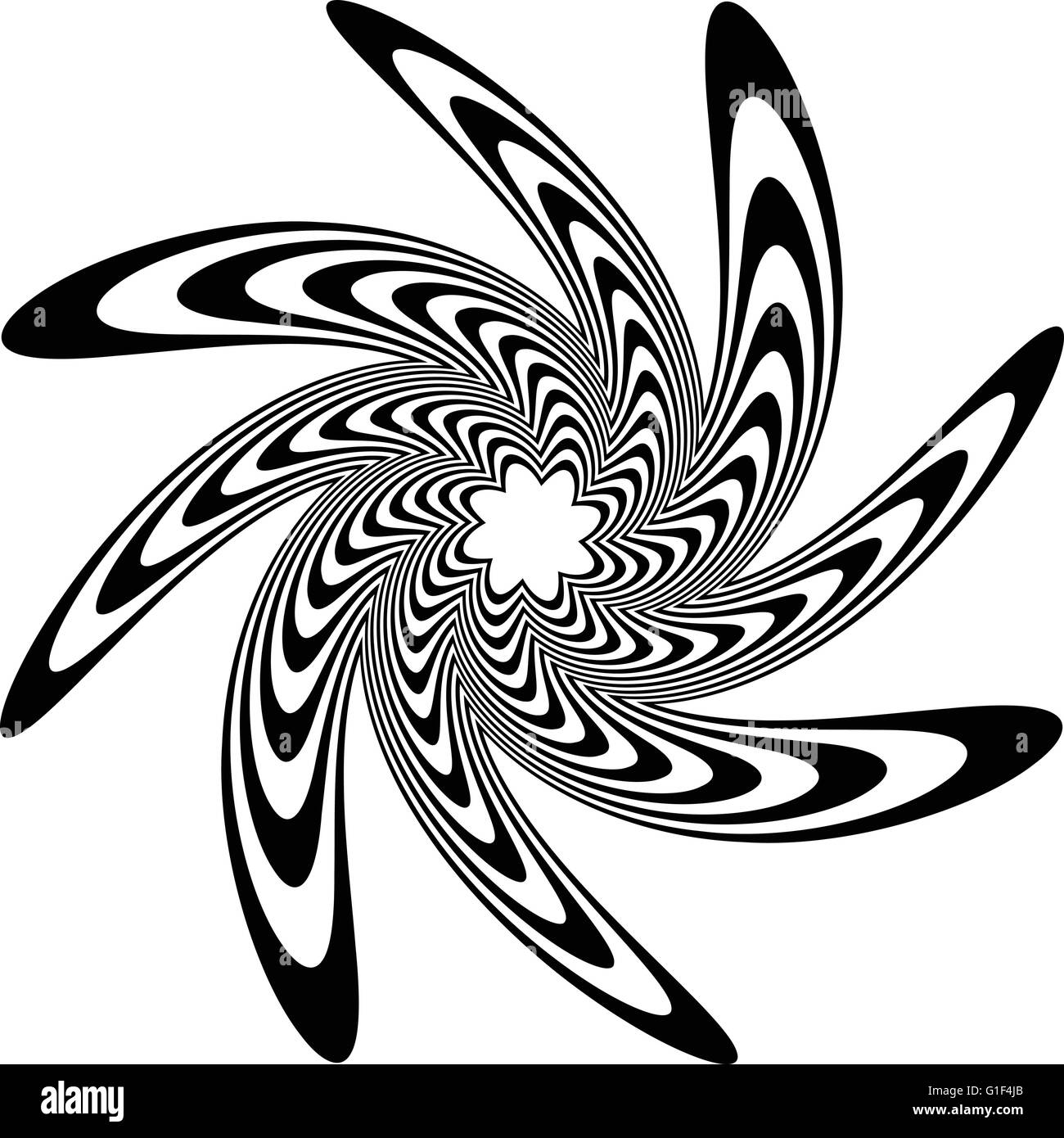Circular shape with spiral, vortex distortion effect. Black and white ...
