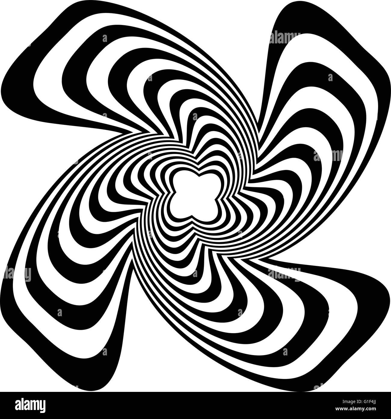 Circular shape with spiral, vortex distortion effect. Black and white ...