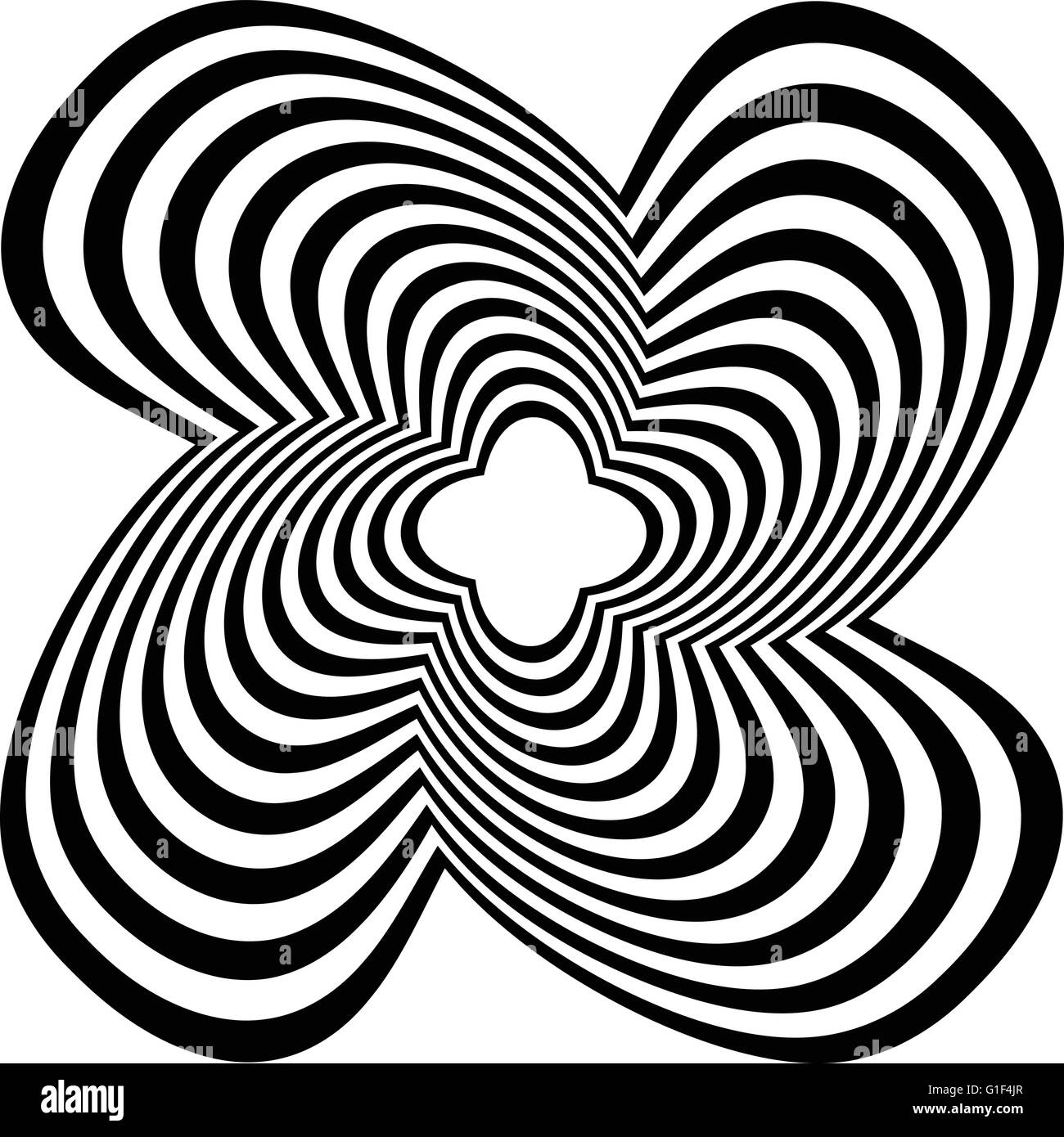 Circular shape with spiral, vortex distortion effect. Black and white ...