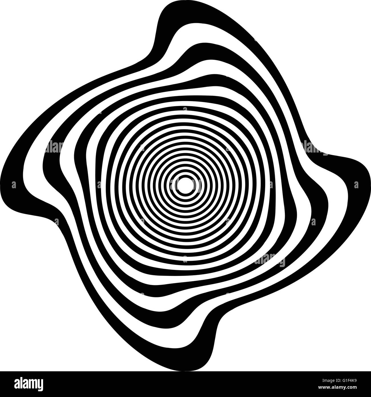 Circular shape with spiral, vortex distortion effect. Black and white ...