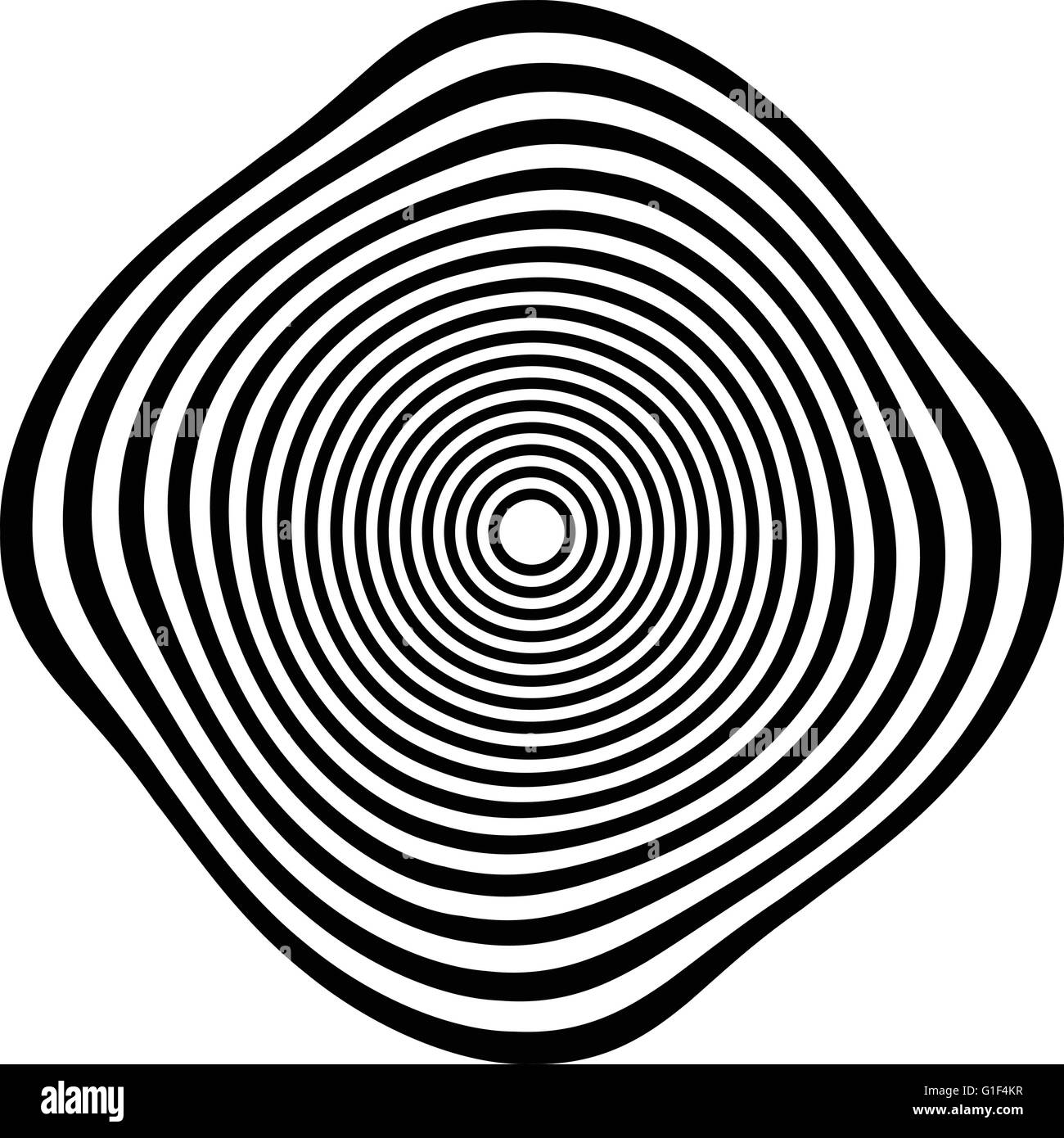 Circular shape with spiral, vortex distortion effect. Black and white ...
