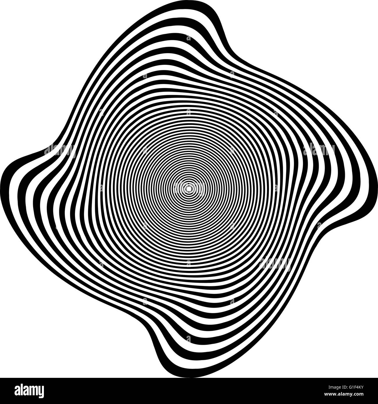 Circular shape with spiral, vortex distortion effect. Black and white ...