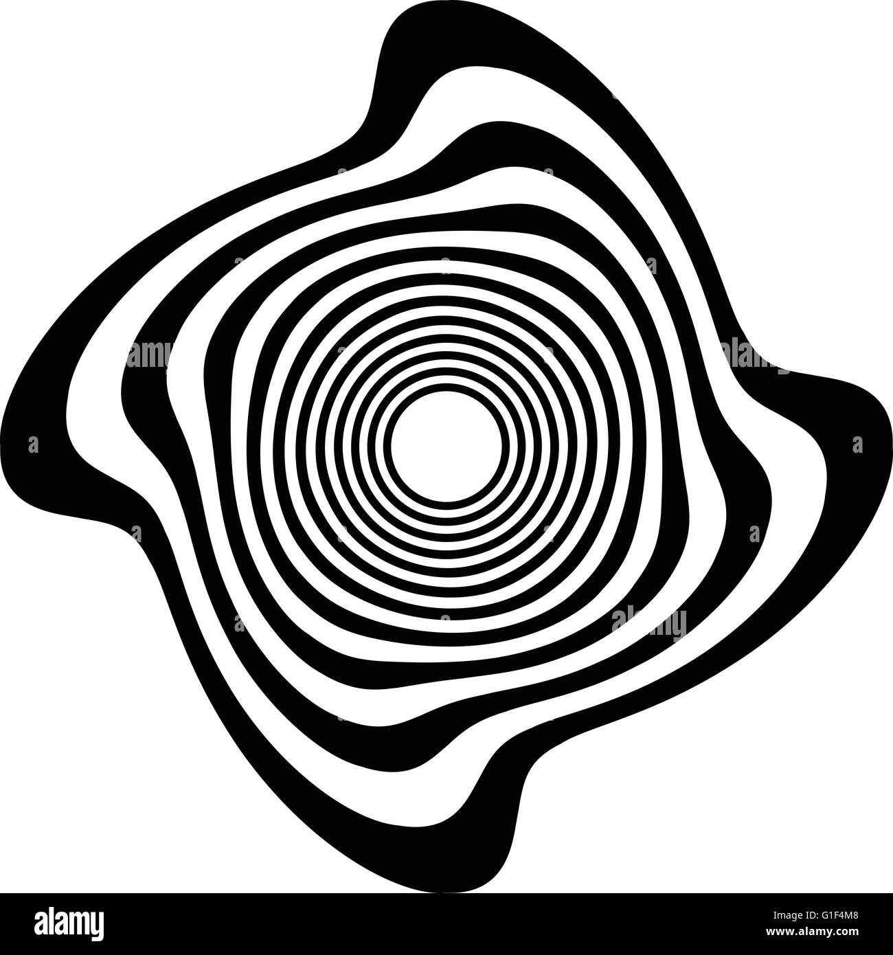 Circular shape with spiral, vortex distortion effect. Black and white ...