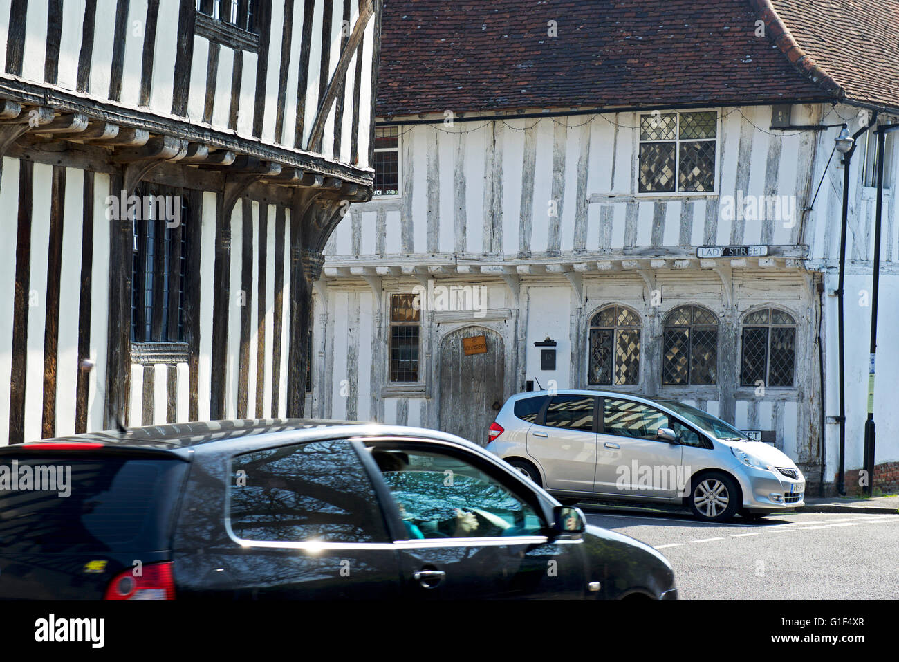 Cars in the medieval village of Lavenham, Suffolk, England UK Stock ...