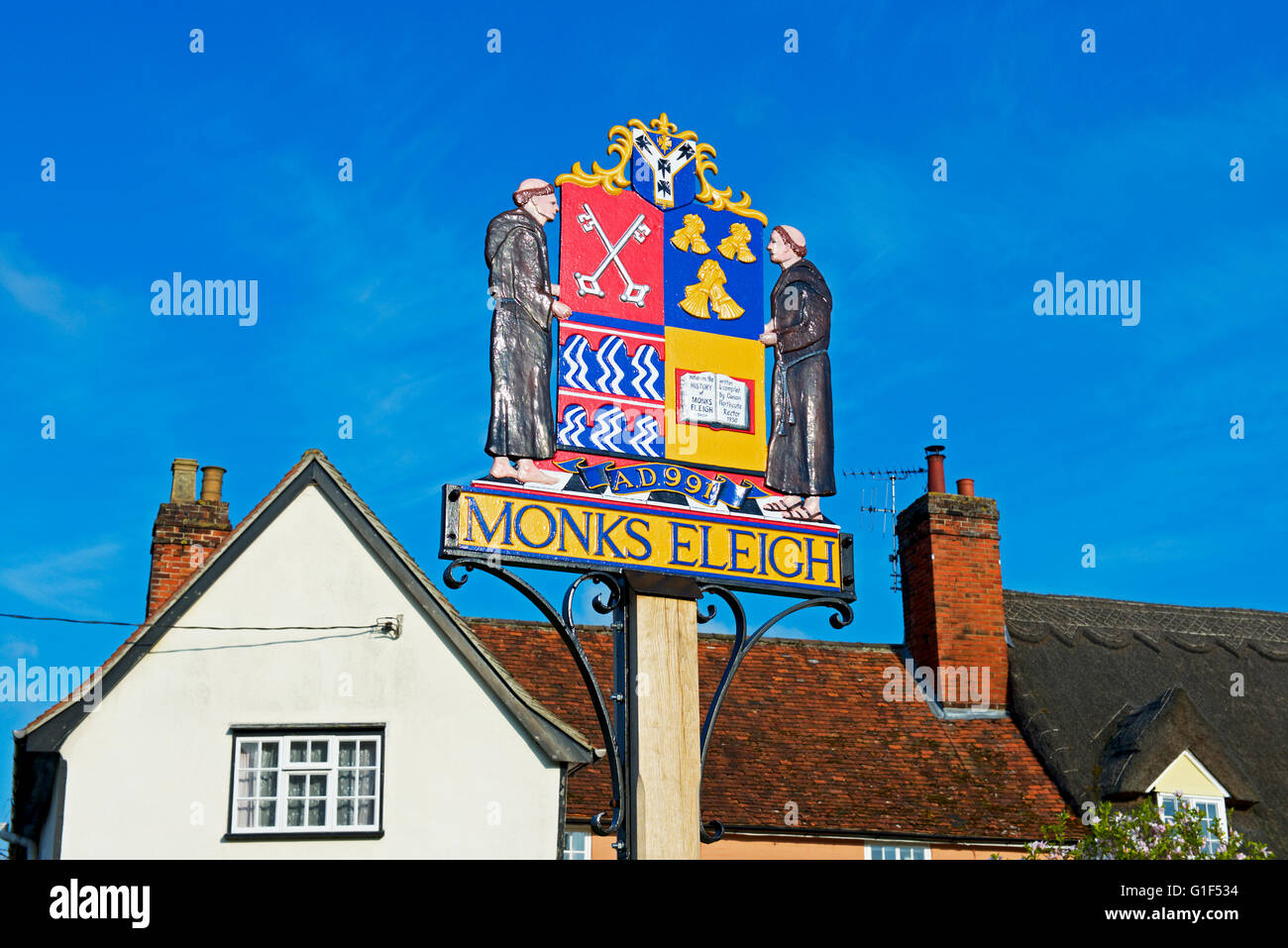 Illustrated sign for the village of Monks Eleigh, Suffolk, England UK ...
