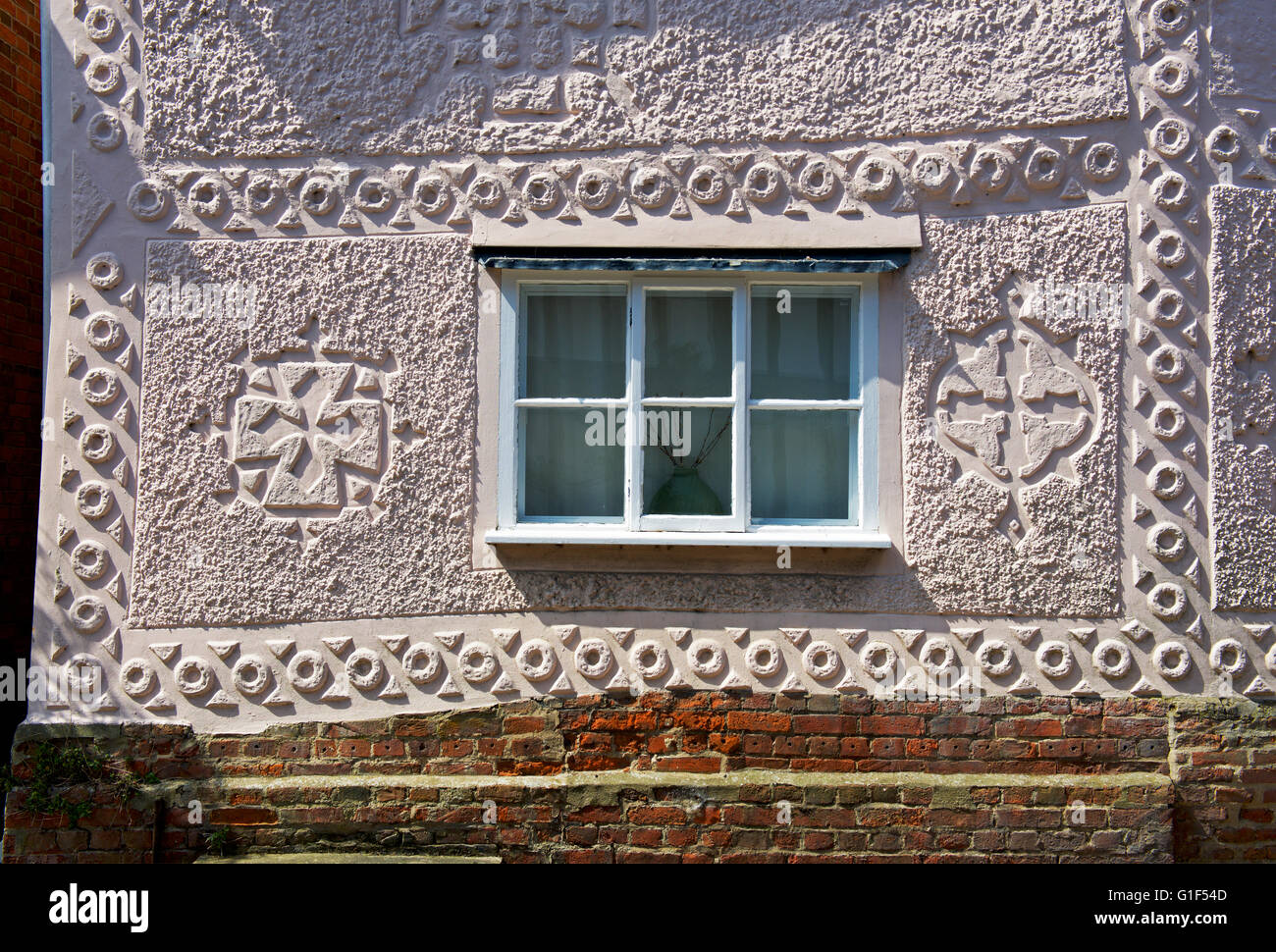 Decorative pargeting on old house in the village of Clare, Suffolk ...