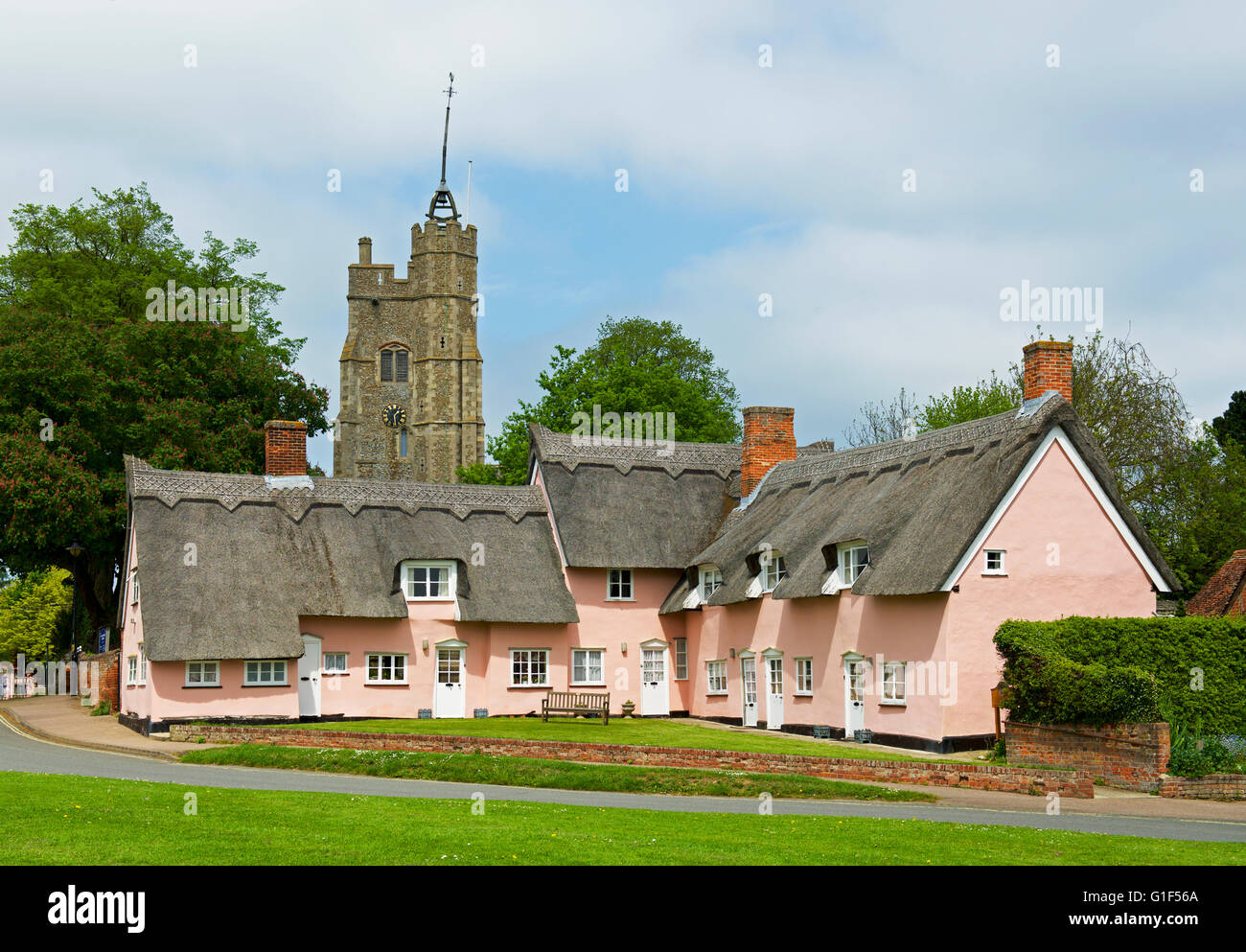 Almshouses - and the tower of St Mary's Church - in the village of ...
