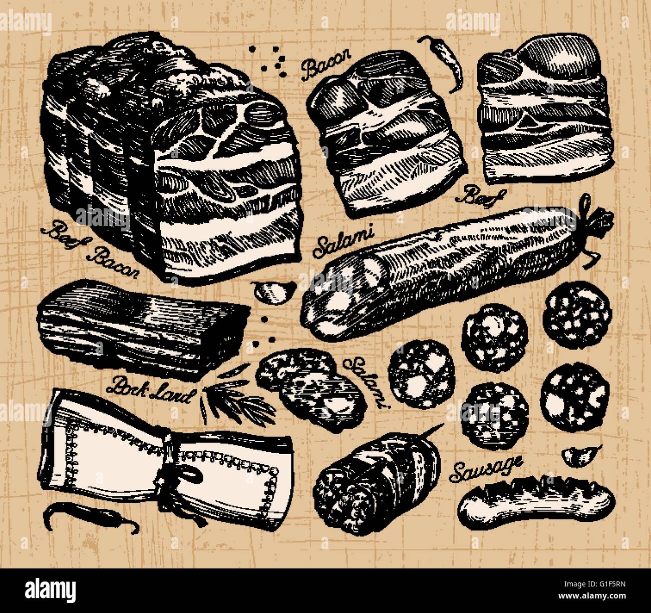 meat market. hand drawn sketches of food. vector illustration Stock ...