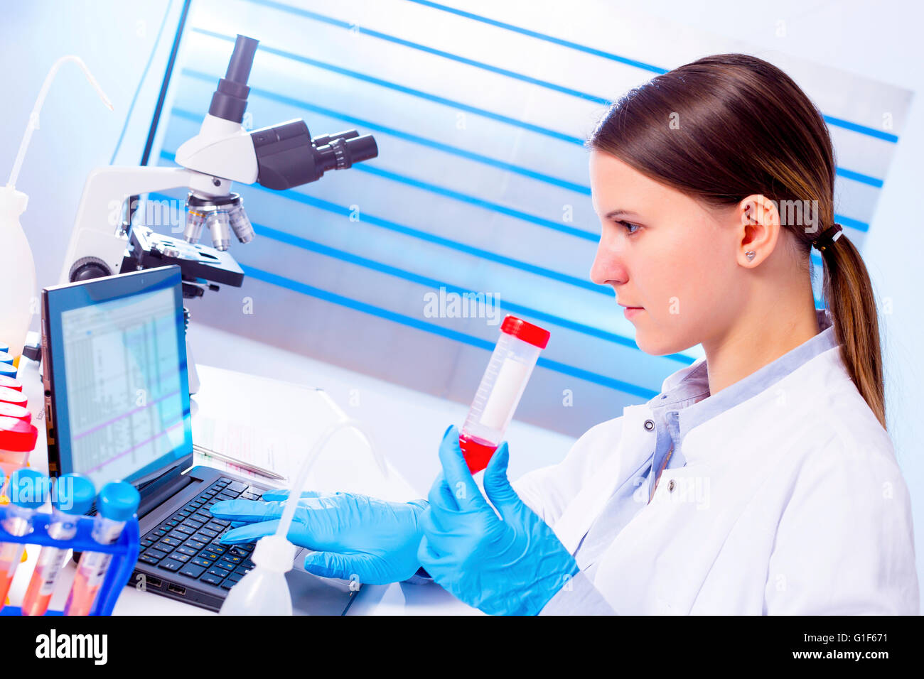 MODEL RELEASED. Female lab technician holding test tube in laboratory ...