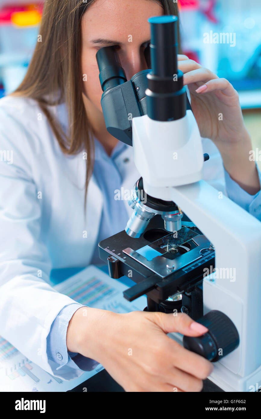 MODEL RELEASED. Female scientist using a microscope Stock Photo - Alamy
