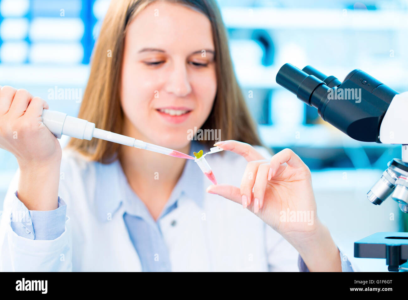 Female Biologist In Laboratory Holding High Resolution Stock ...