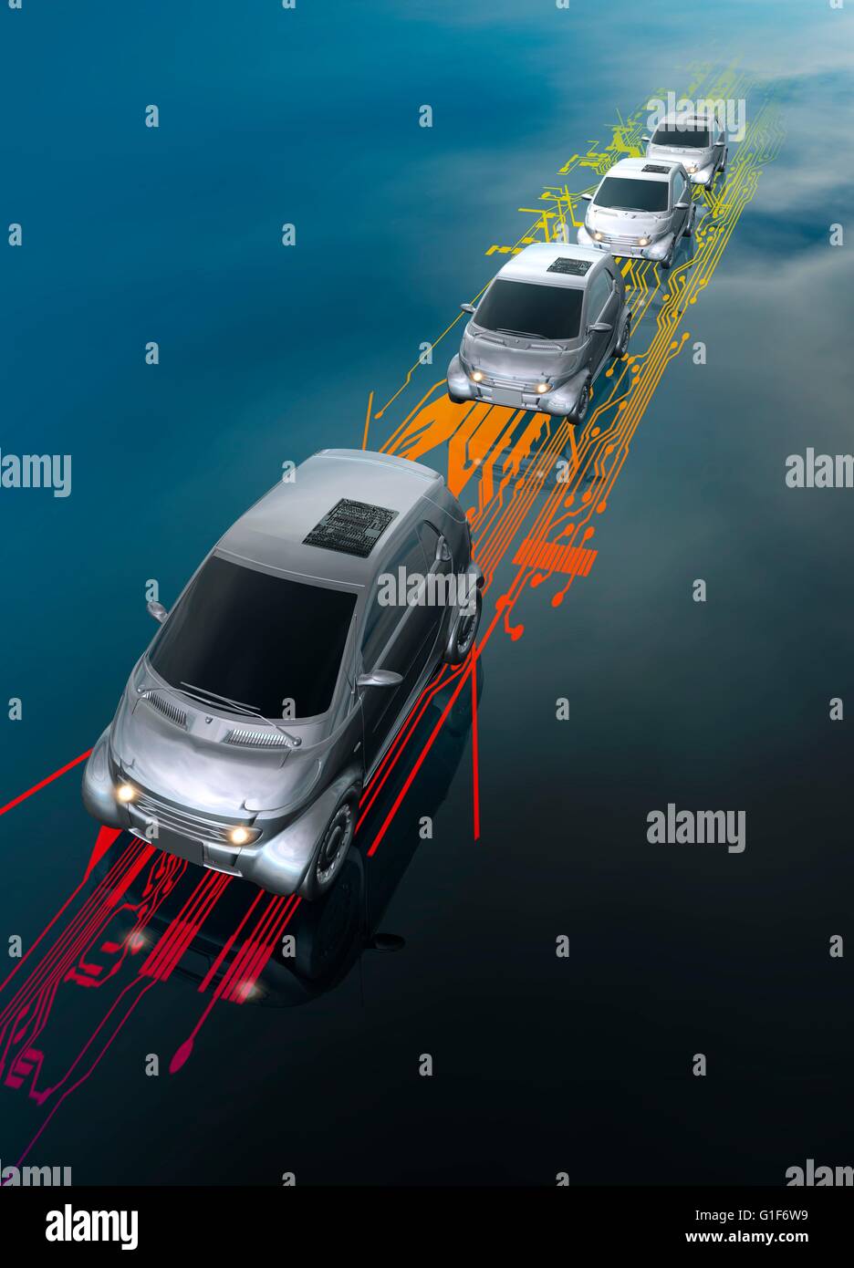 Driverless cars following a digital route, illustration Stock Photo - Alamy