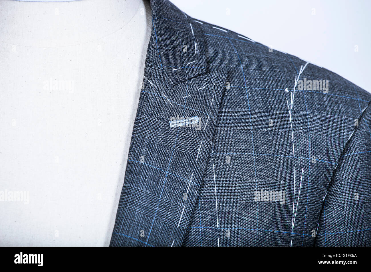 Details of a tailored suit jacket with markings on it for stitching ...