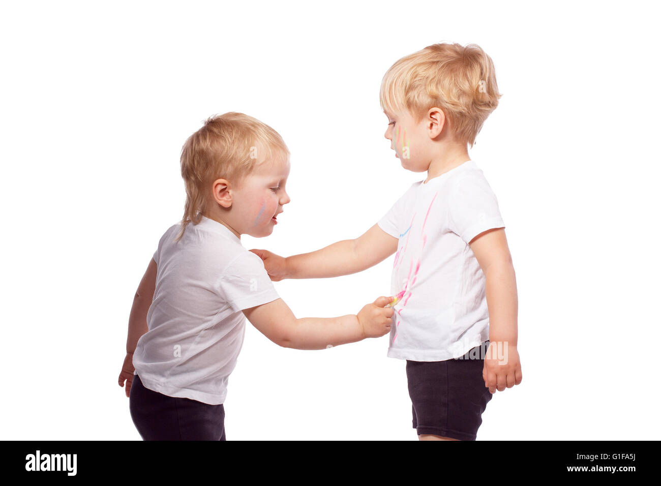 Children draw colored chalk on each other. Isolated on white Stock ...