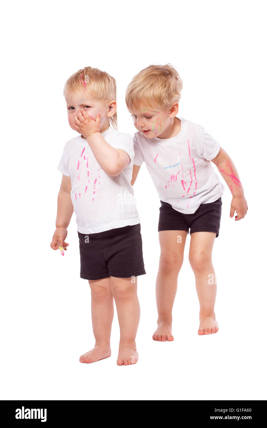 Children draw colored chalk on each other. Isolated on white Stock ...