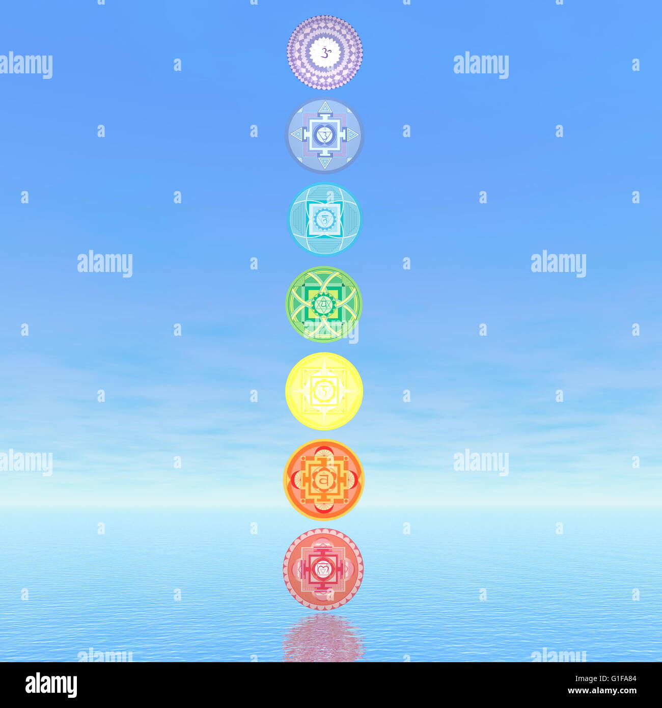 Seven chakra symbols column in blue background - 3D render Stock Photo ...