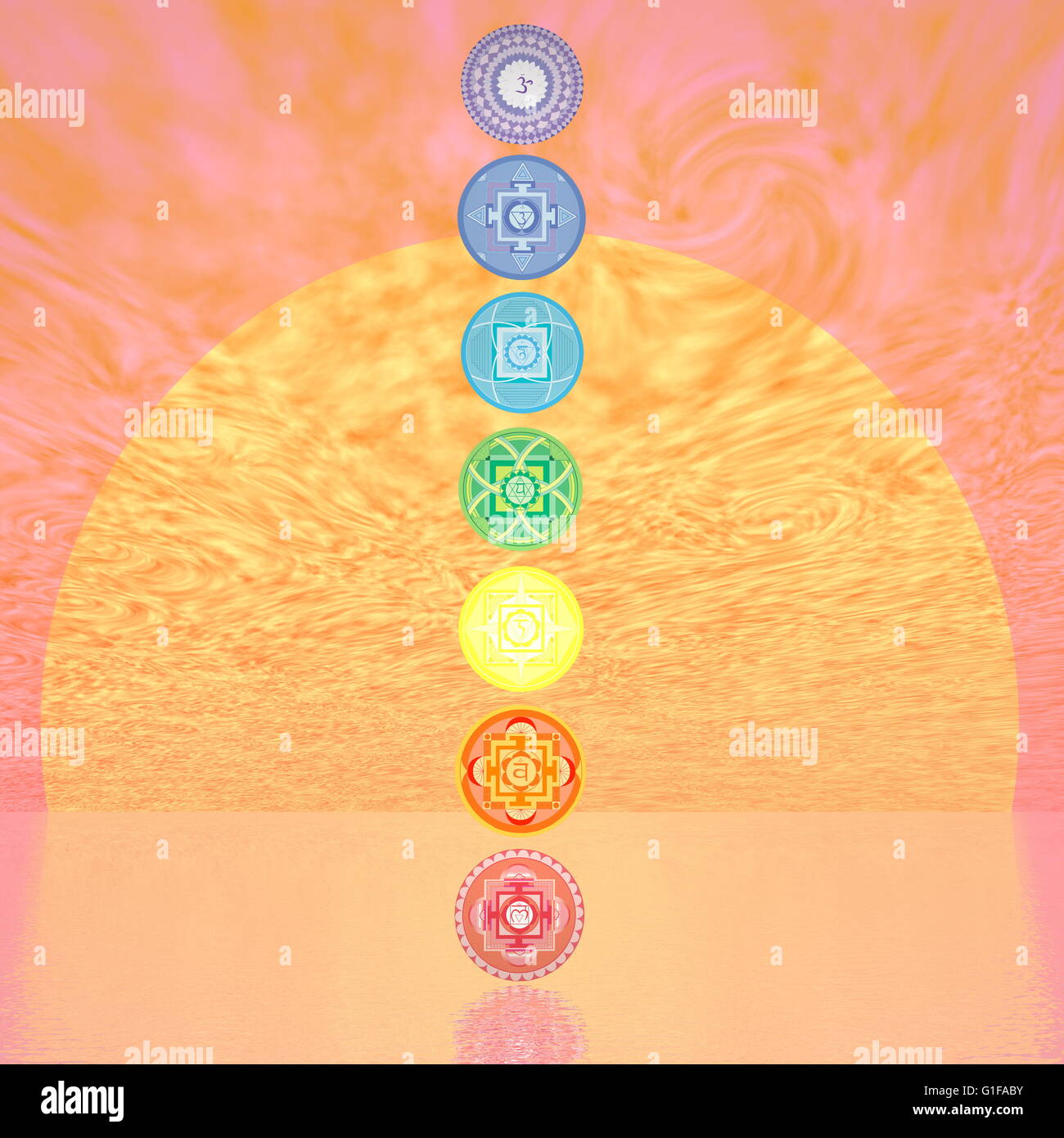 Seven chakra symbols column in orange sunset background with big sun ...