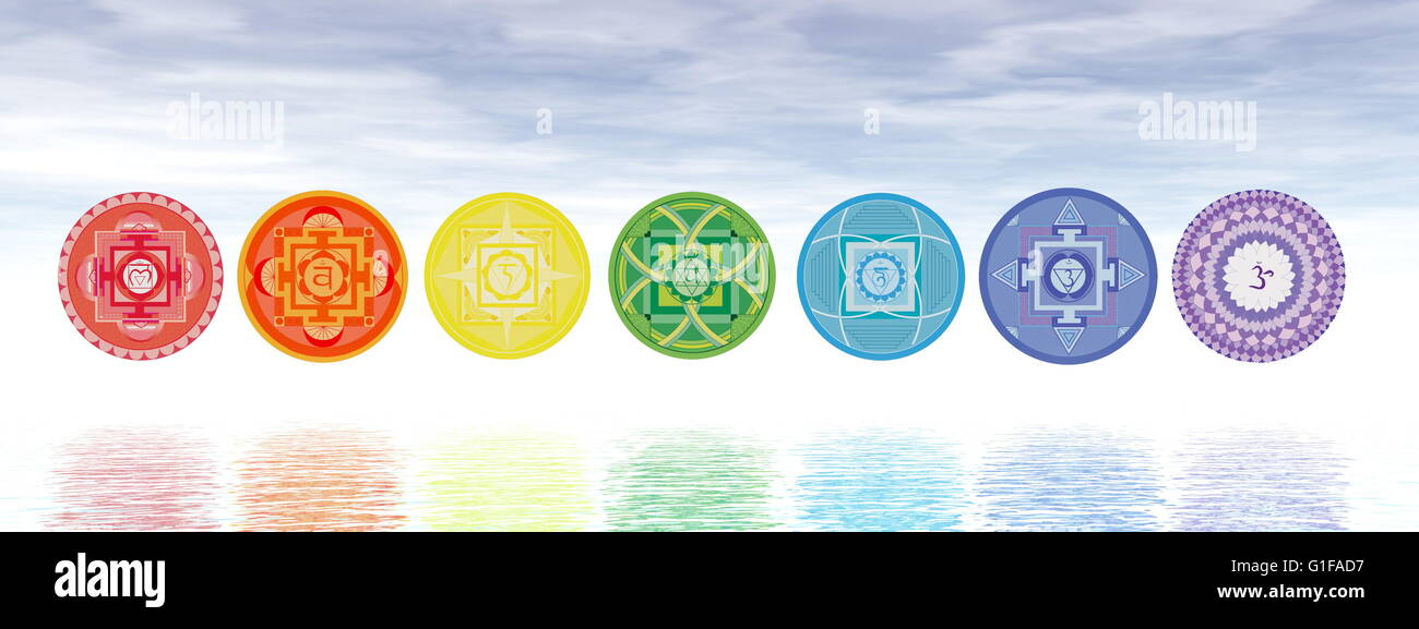 Seven chakra symbols line upon water in blue background - 3D render ...