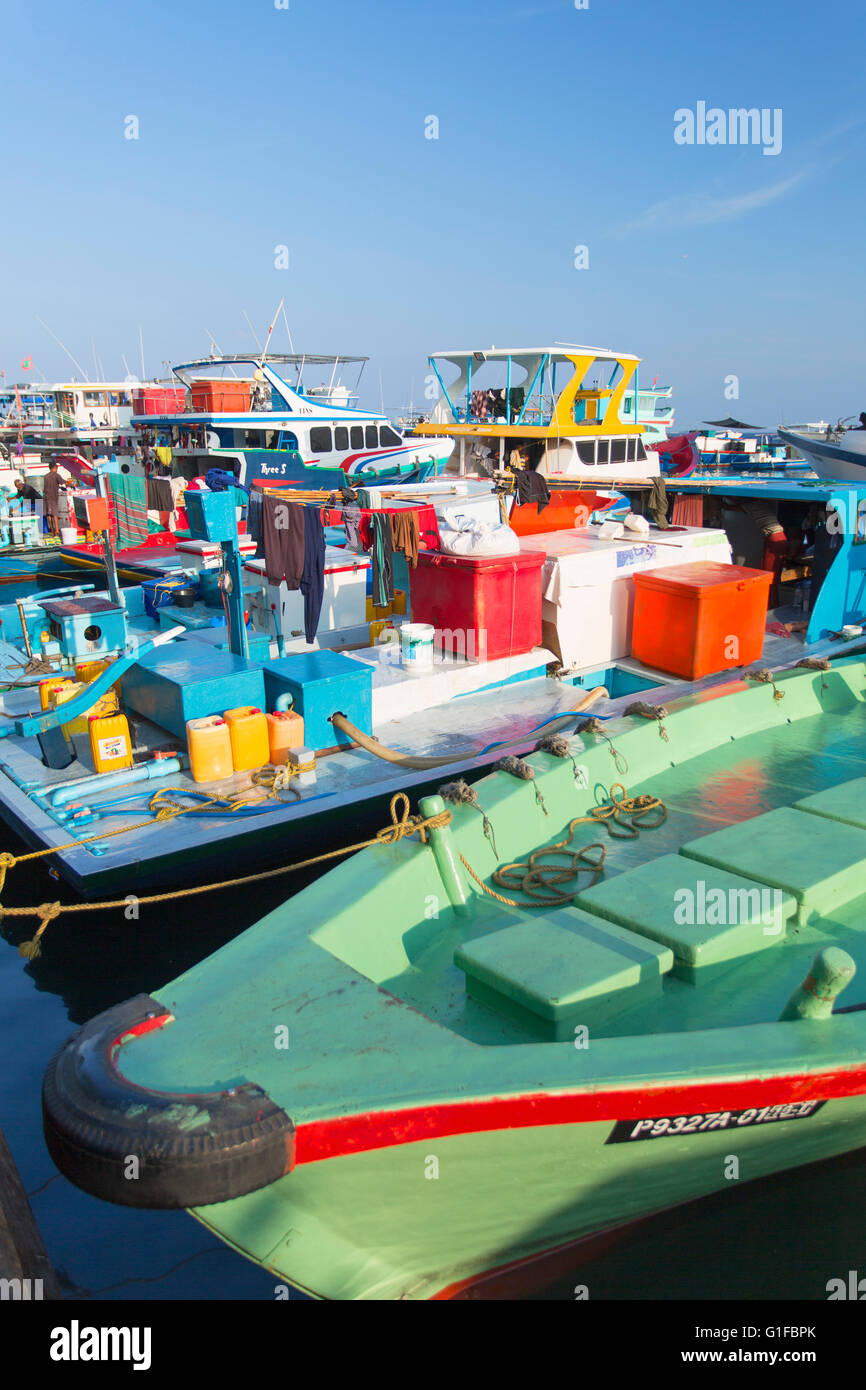 Fishing boats in harbour, Male, North Male Atoll, Maldives Stock Photo ...