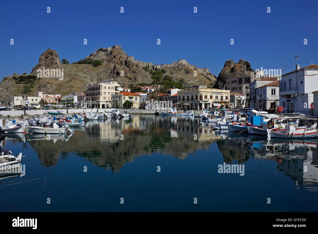 Lemnos island harbor and capital city historical castle reflected on ...