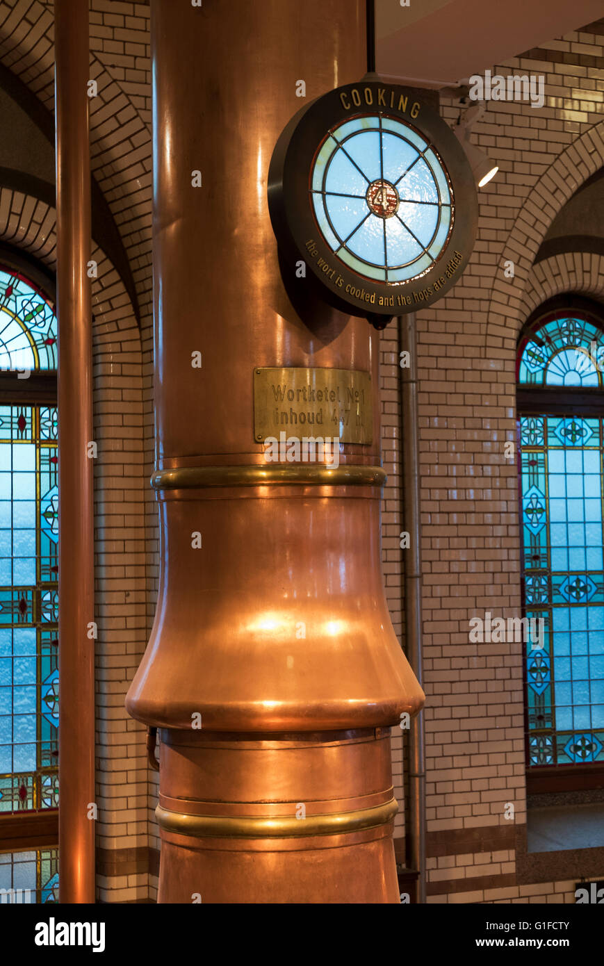 Funnel and gauge on one of the brewing tanks at the Heineken brewery ...