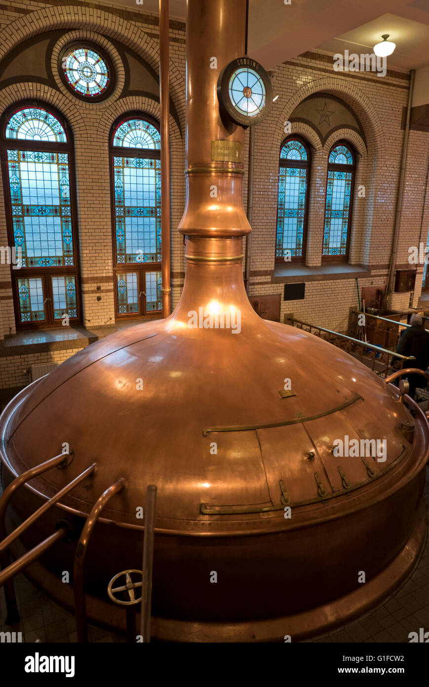 A traditional copper tank for brewing Heineken beer at the Heineken ...