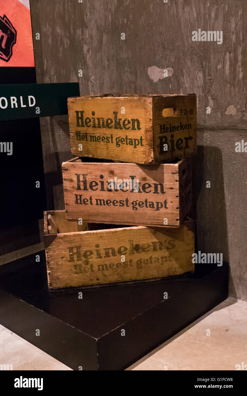 Wooden cases with Heineken label on them on display in the interior of ...