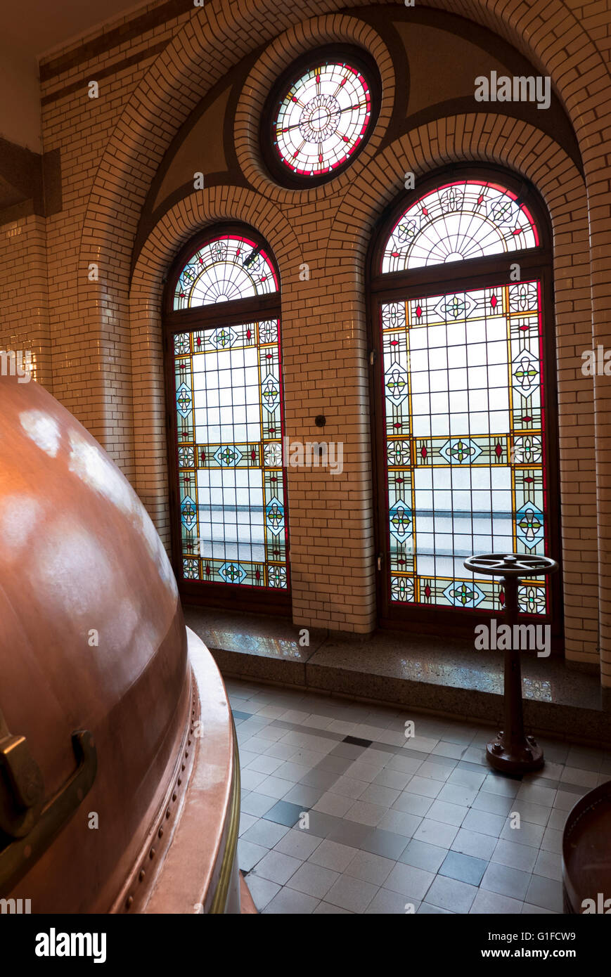 Decorative windows at the Heineken Museum in Amsterdam, Holland ...