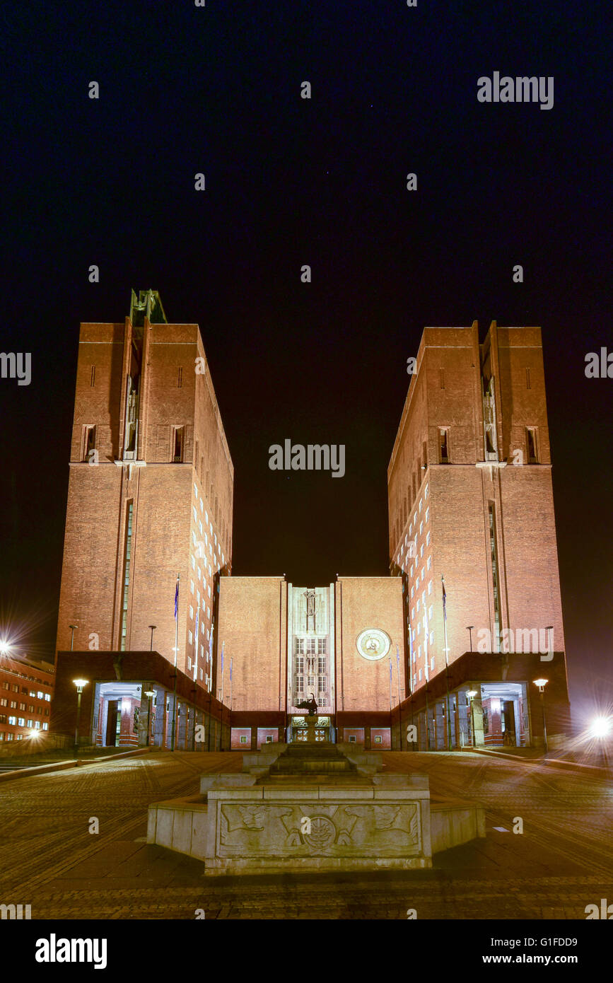 Oslo City Hall (Norwegian: Oslo radhus) illuminated at night. It houses ...