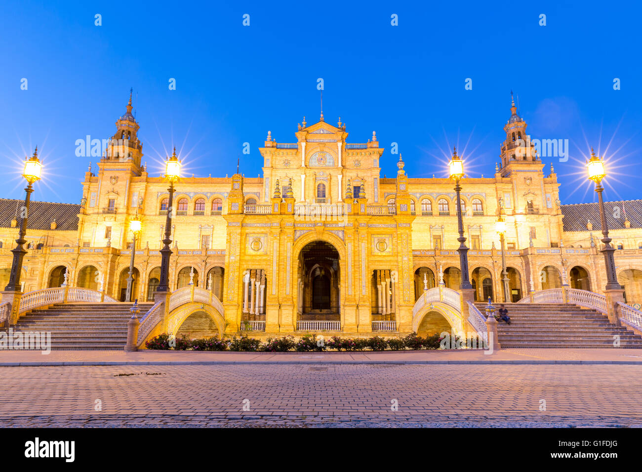 Facade of Spanish Square espana Plaza in Sevilla Spain at dusk Stock ...