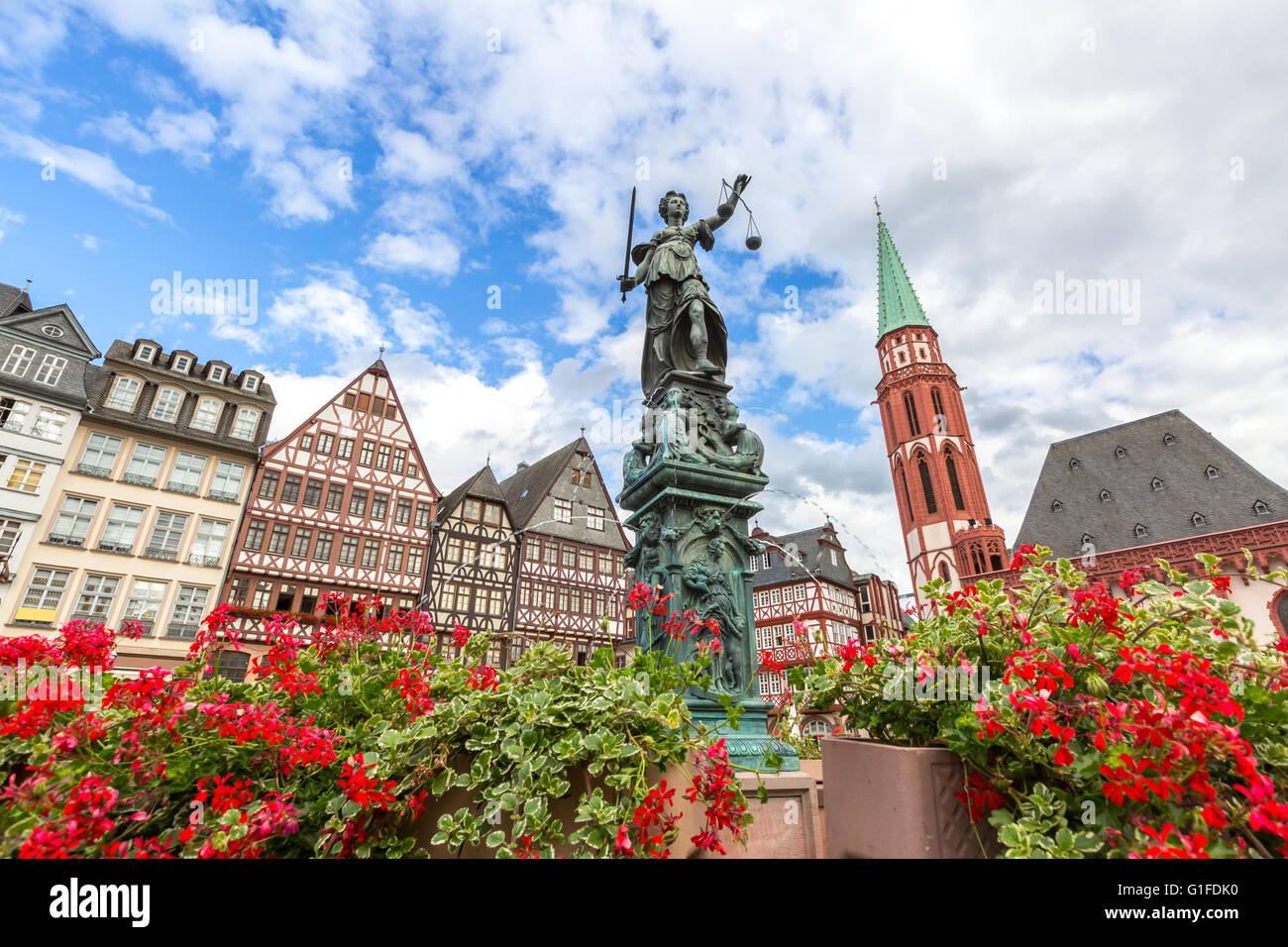 Frankfurt old town with the Justitia statue. Germany Stock Photo - Alamy