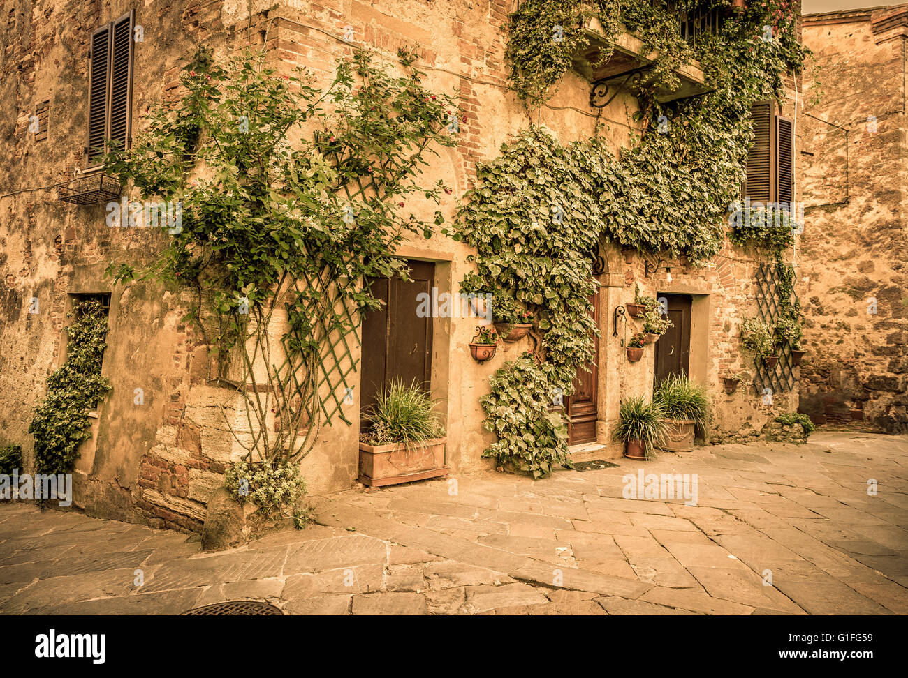 Beautiful street of captivating Montisi village in Tuscany, Italy Stock ...