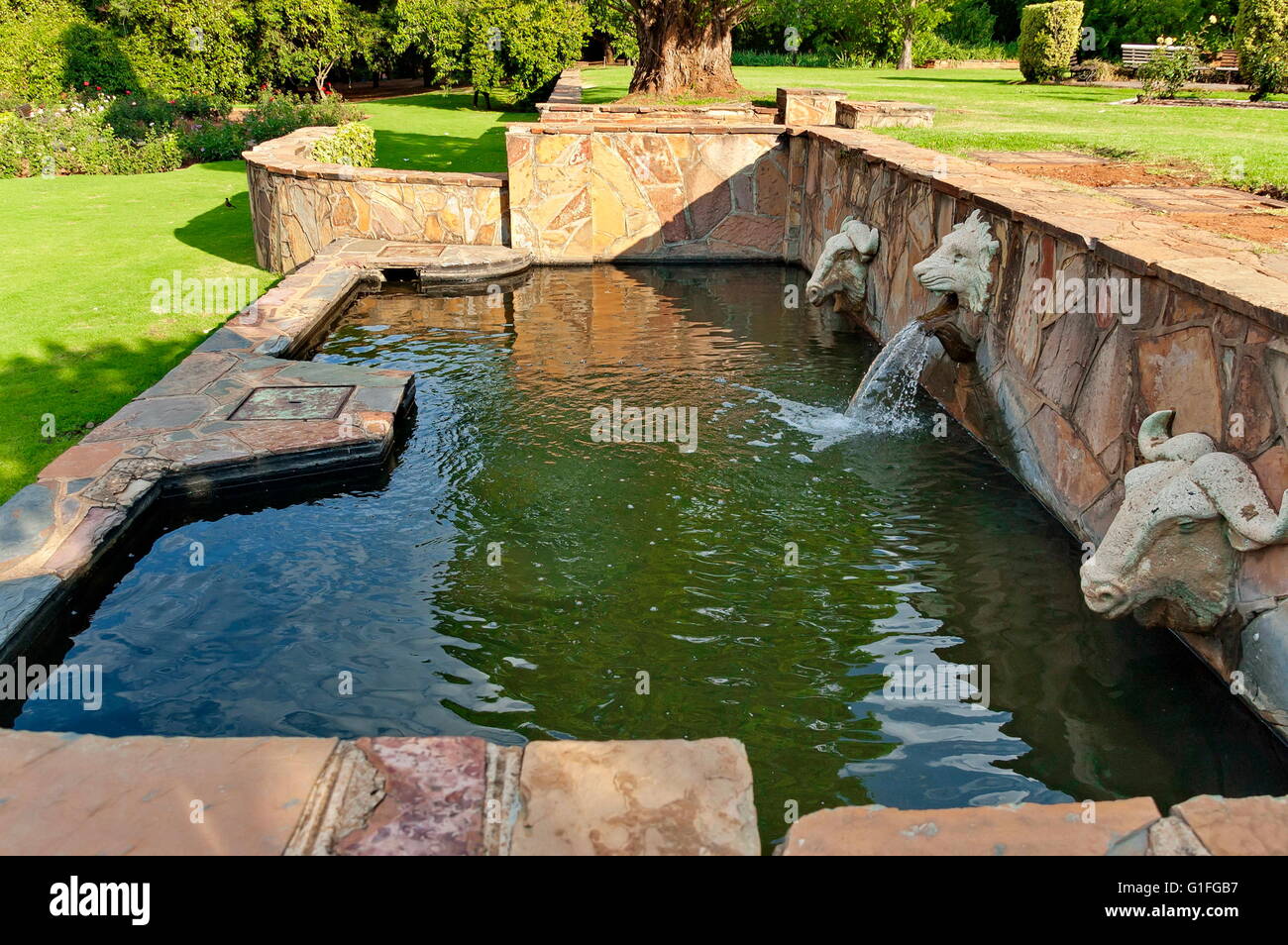 Fountains with animal heads in Johannesburg Botanical Garden, South ...