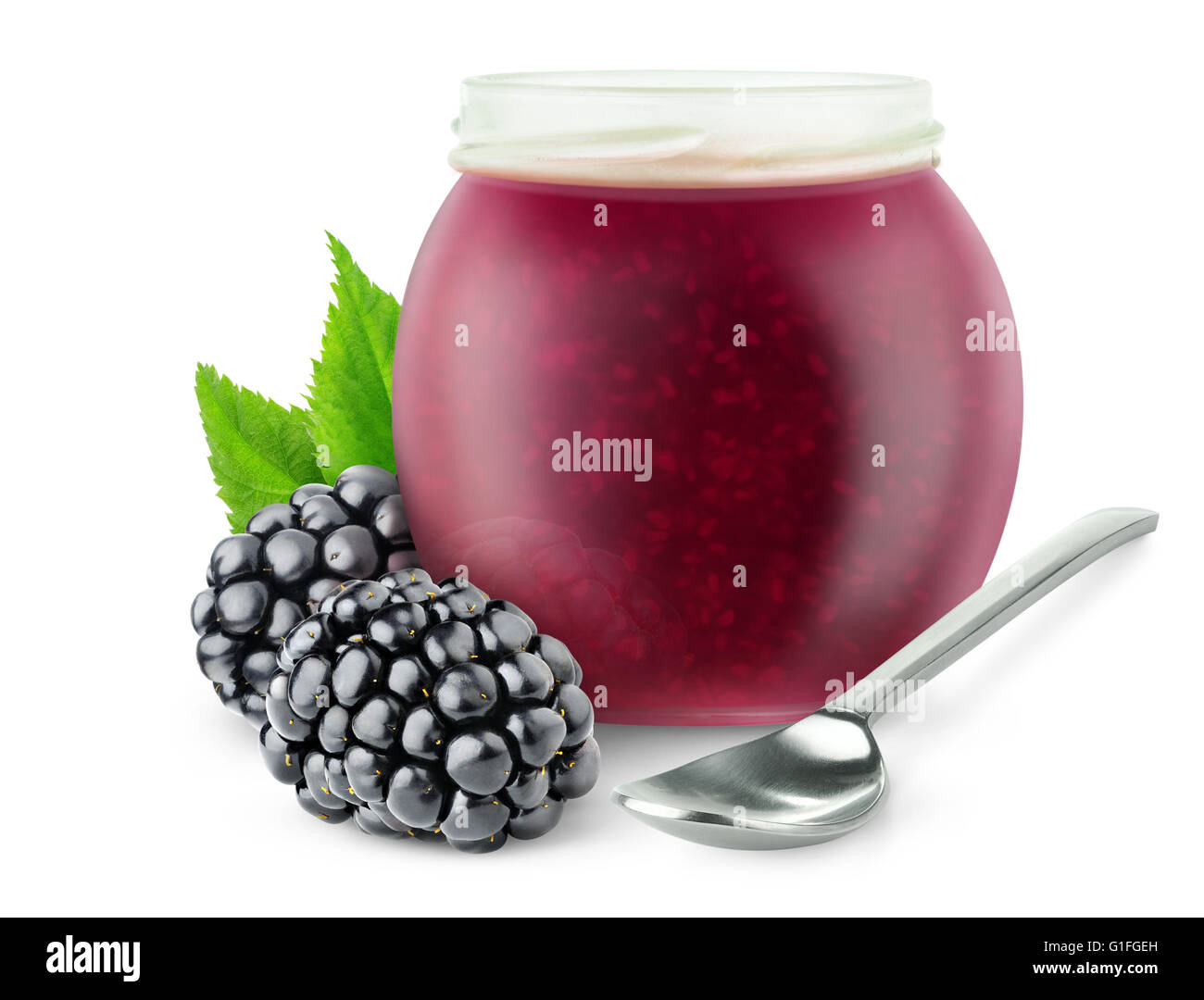 Isolated fruit jam. Blackberries and open jam jar, isolated on white ...