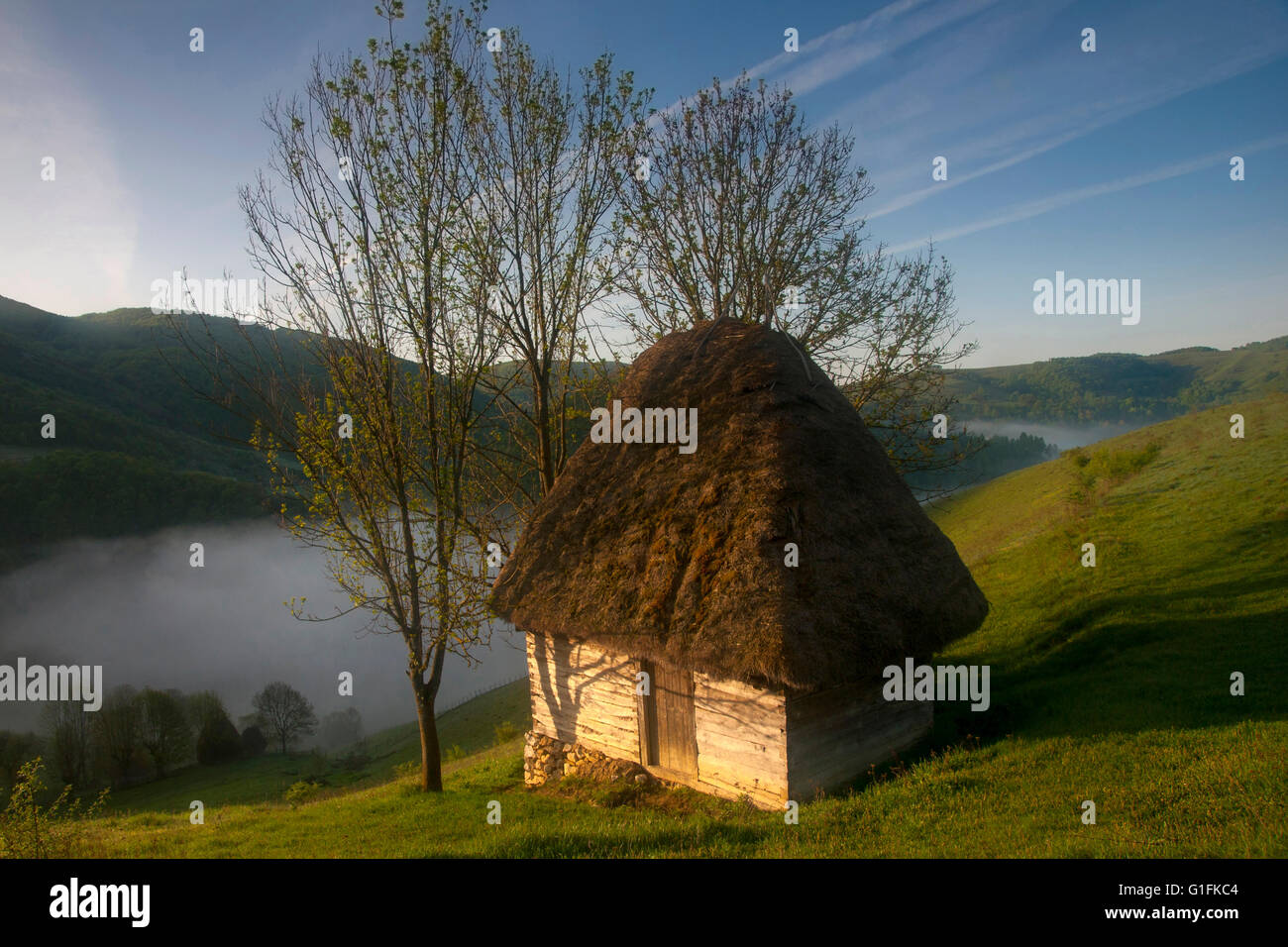 Tiny village house in the morning fog Stock Photo - Alamy