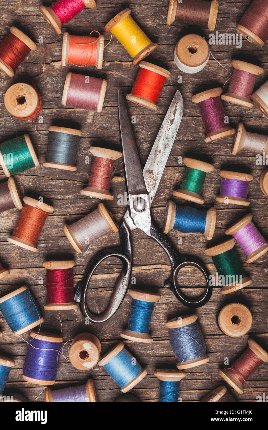 Retro wooden sewing spools Stock Photo - Alamy